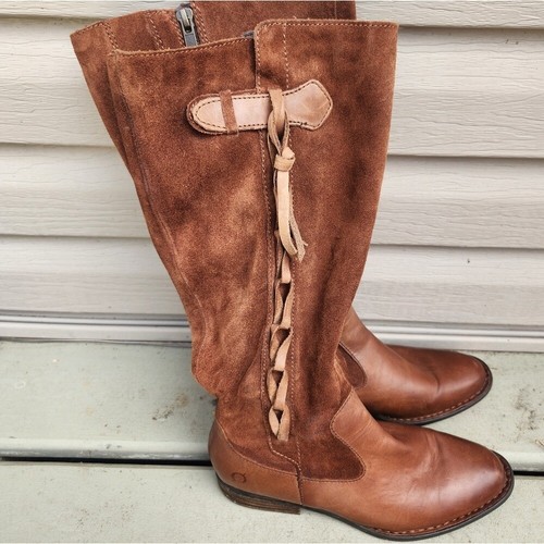 BORN Cook Leather Suede Braided Tall Brown Boots Plaid Corduroy Lined ...