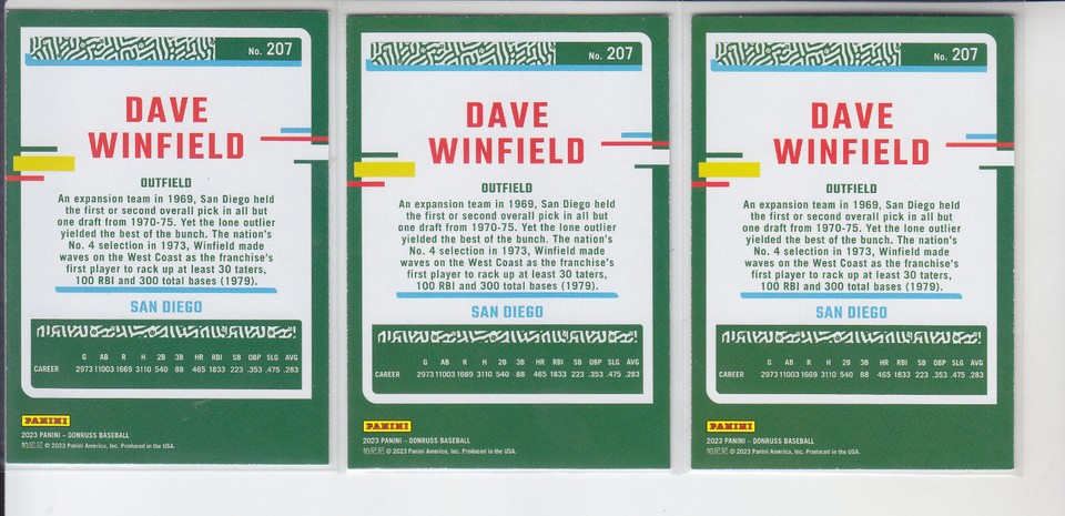 (3) 2023 Donruss Dave Winfield Blue Holo + Carolina + Purple Padres ...