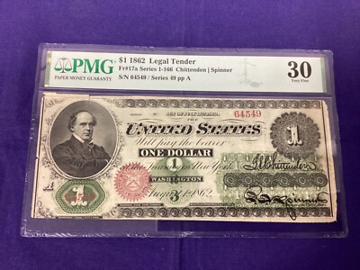 1862 $1 Legal Tender - Fr#17a W/ Mono - Graded PMG 30 Very Fine - NICE ...