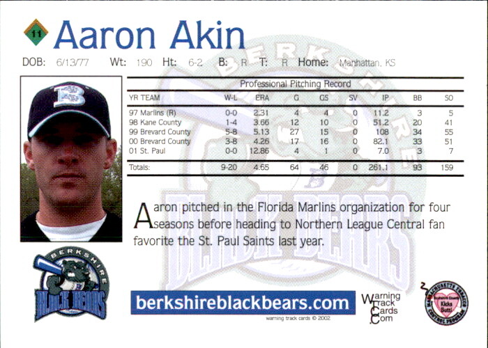 2002 Berkshire Black Bears Warning Track #11 Aaron Akin Manhattan ...