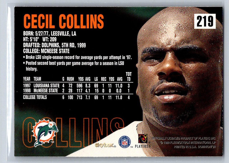 # 219 Cecil Collins Rookie Miami Dolphins 1999 SkyBox Dominion | eBay