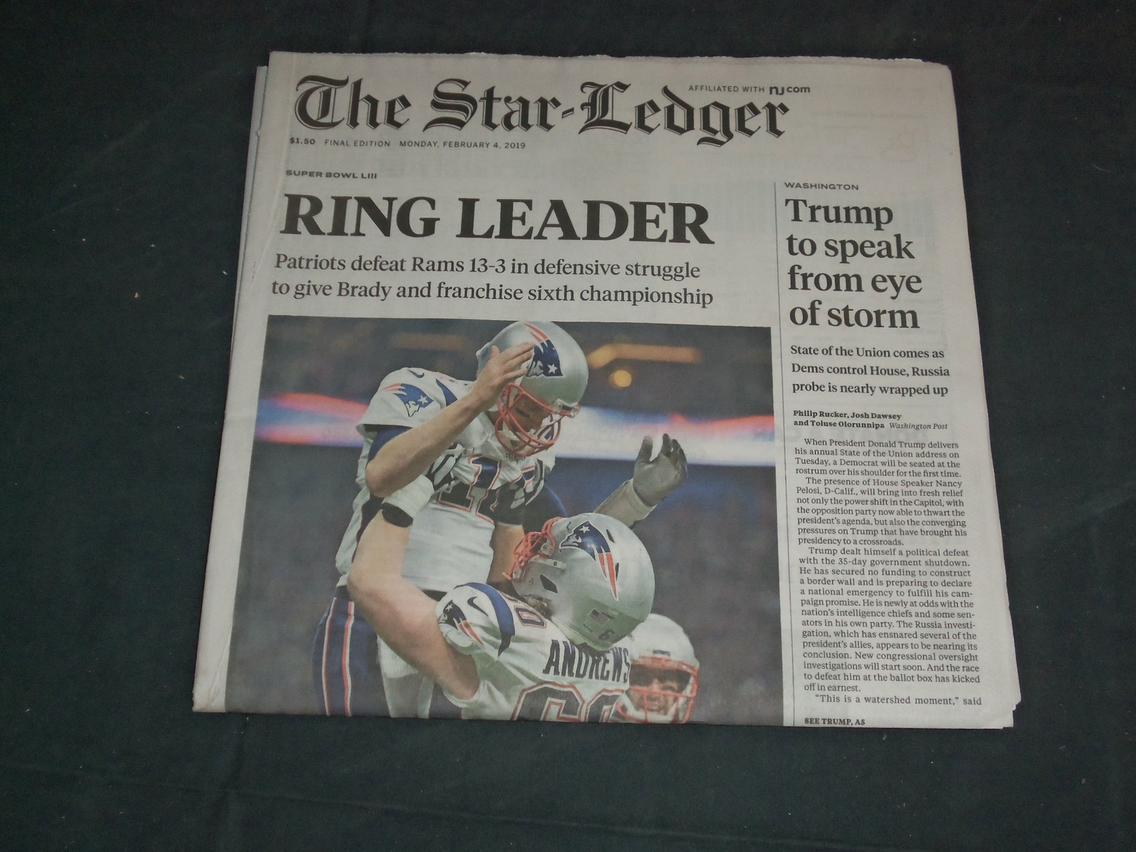 2019 FEBRUARY 4 THE STAR-LEDGER NEWSPAPER - NEW ENGLAND PATRIOTS WIN ...