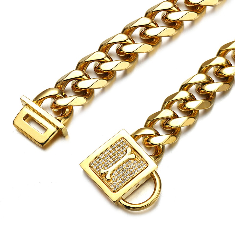 18K Gold Plated Cute Dog Cuban Link Chain Collar 316L Stainless Steel ...