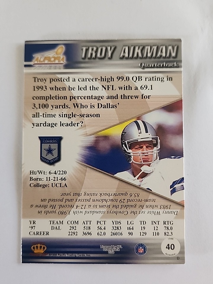 1998 Pacific Aurora - #40 Troy Aikman Dallas Cowboys HOF | eBay
