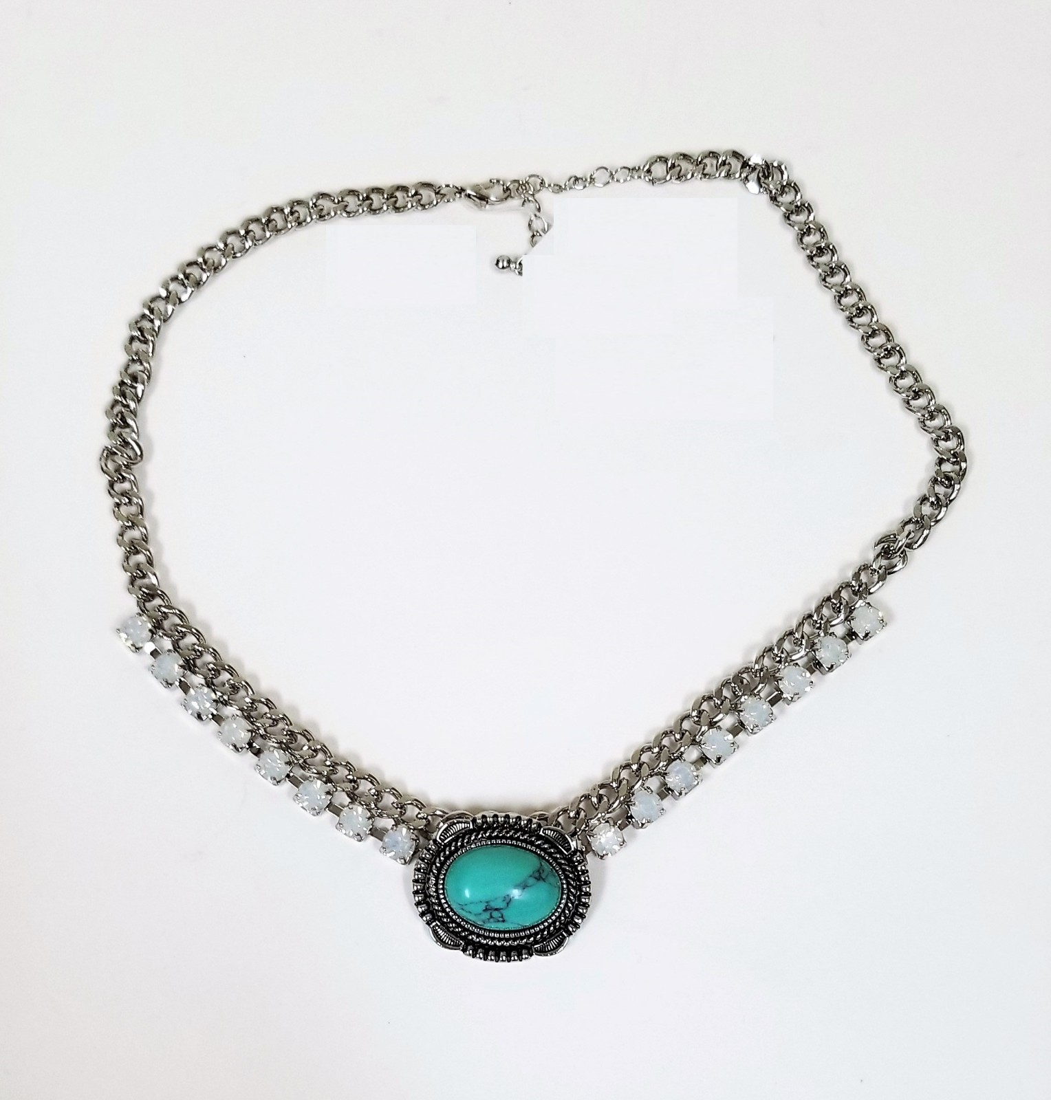 NEW SHINY SILVER+ANTIQUE SILVER CHAIN,RHINESTONE,BLUE TURQUOISE CHARM ...