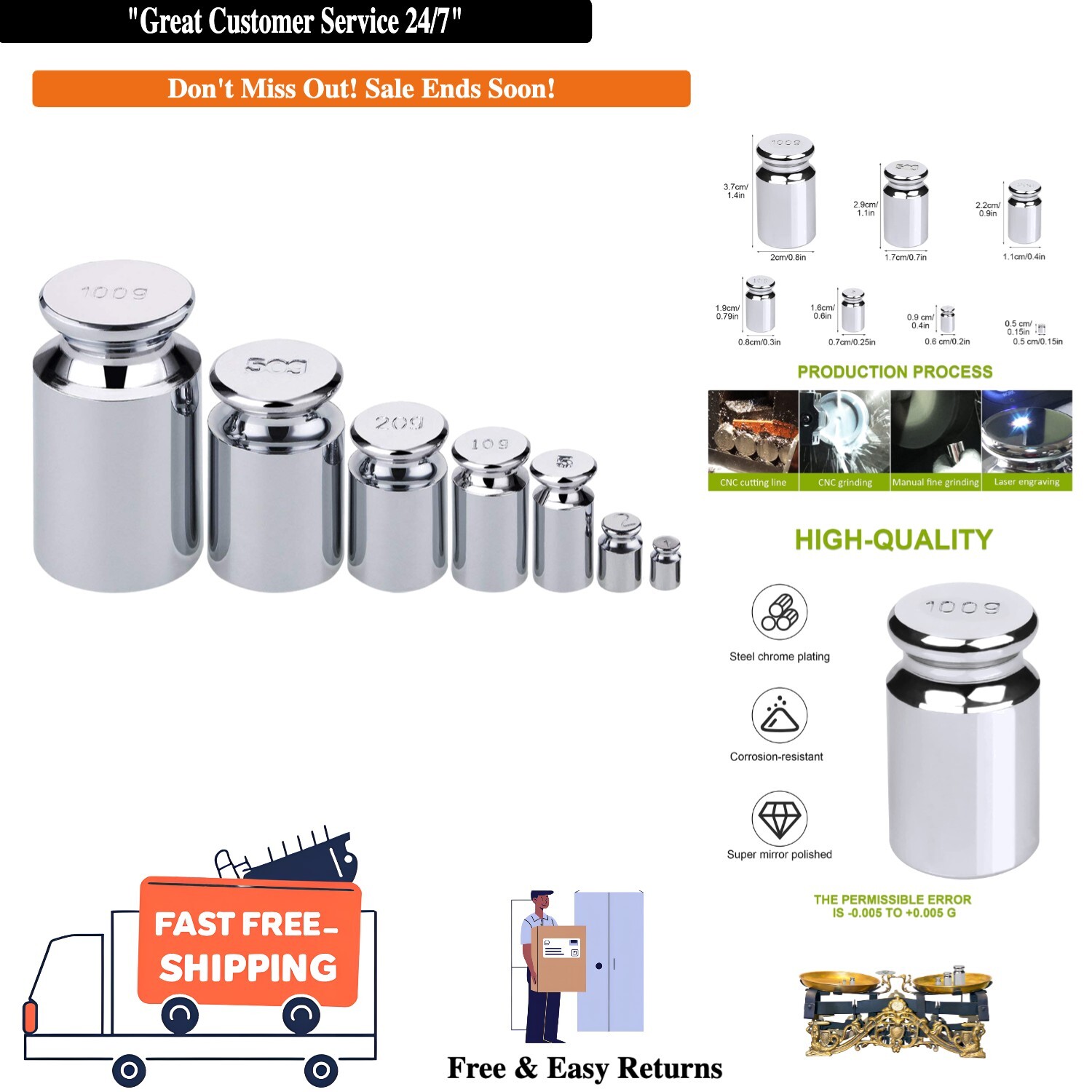 7 PCS Calibration Weights, Scale Weight Set 1g 2g 5g 10g 20g 50g 100g ...