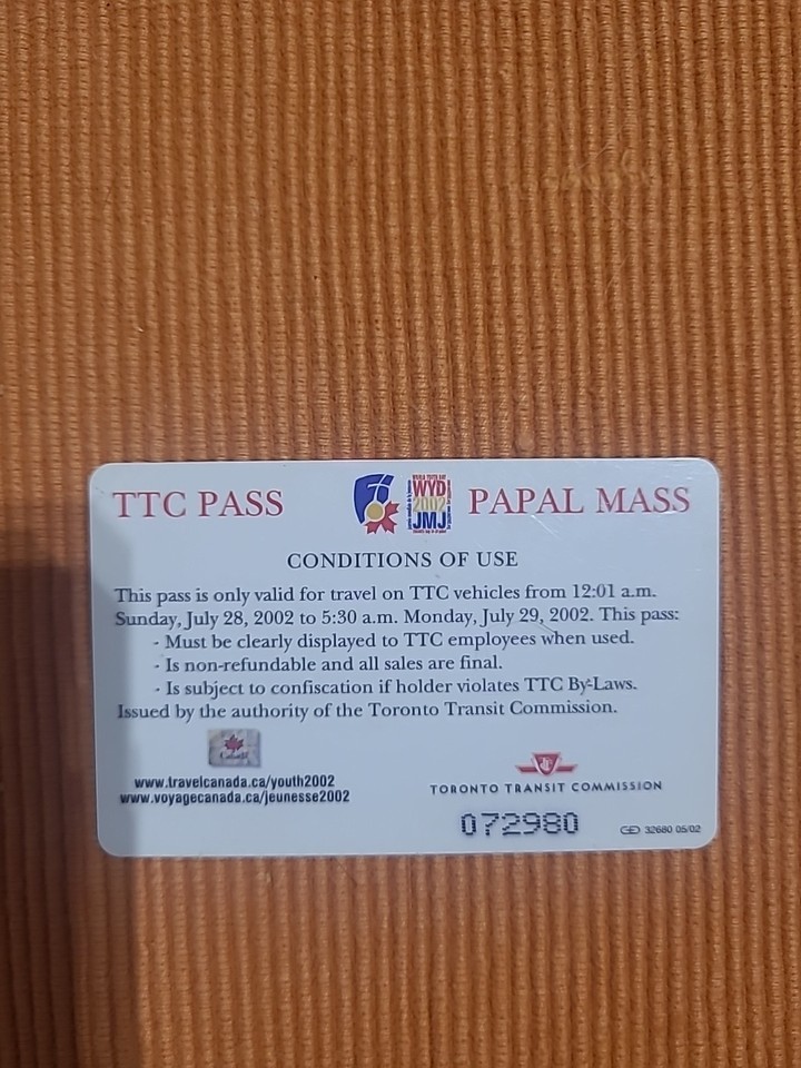 2002 TTC Pass Papal Mass (Pope John Paul II) - July 28, 2002. | eBay