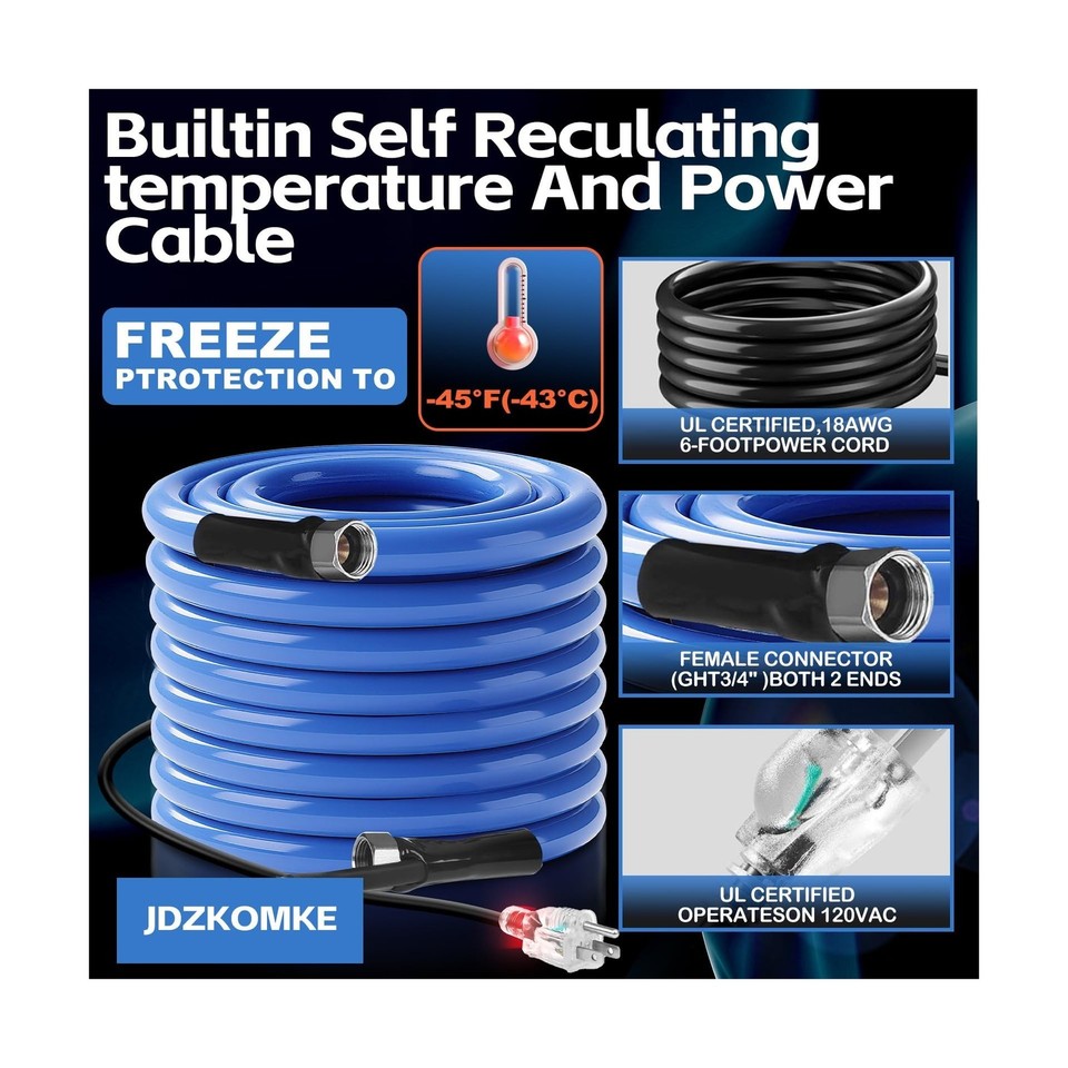 75FT(15FT-100FT) Heated RV Water Hose - Freeze Protection Down to -45°F ...