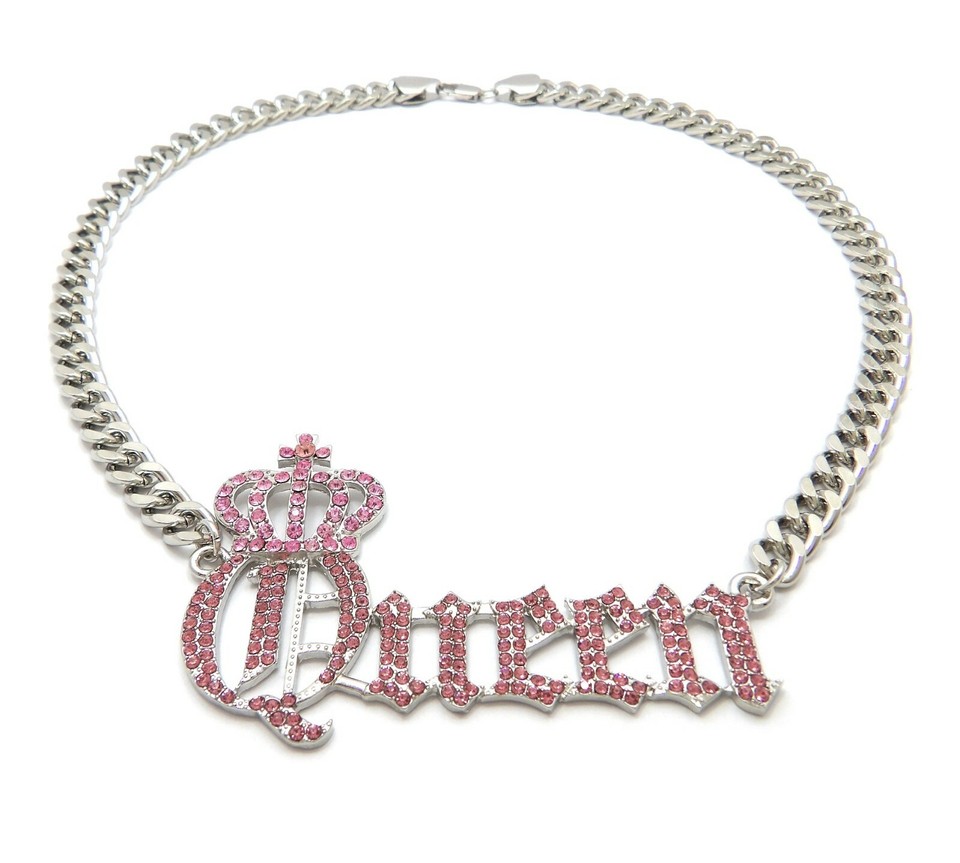 WOMEN'S ICED BLING PINK CROWNED QUEEN PENDANT & 18" CUBAN CHOKER CHAIN ...