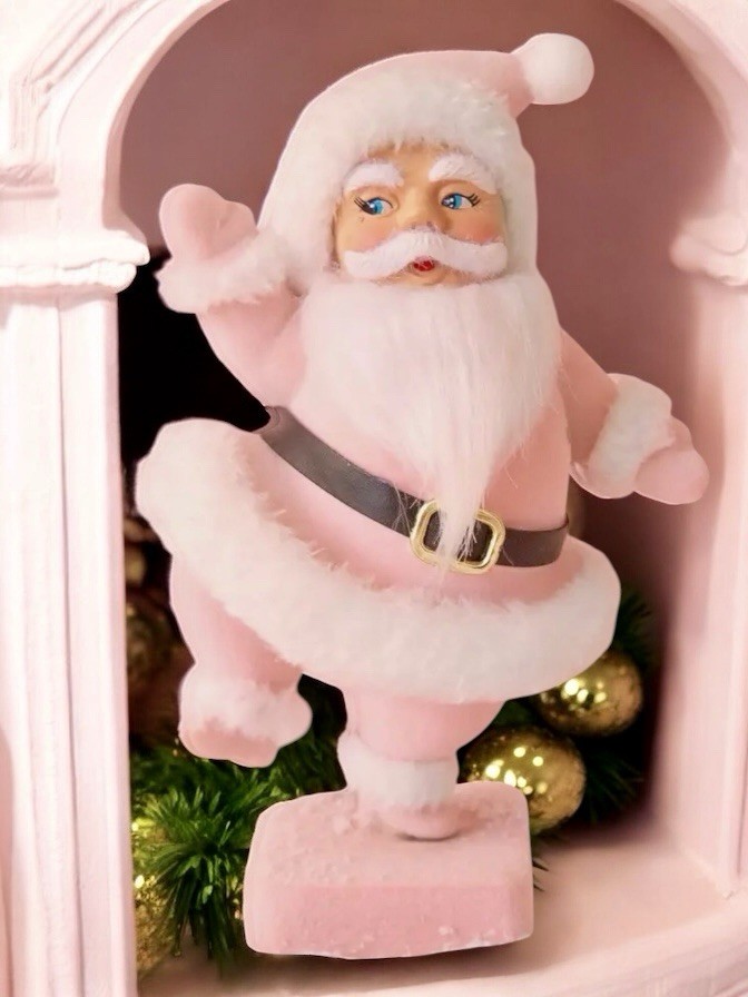 Retro Vintage Style Flocked “Dancing Santa” Pink 9” Christmas Figurine ...