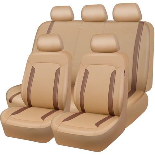Beige Leather Car Seat Covers Full Set, Luxury PU Seat Covers for Car ...