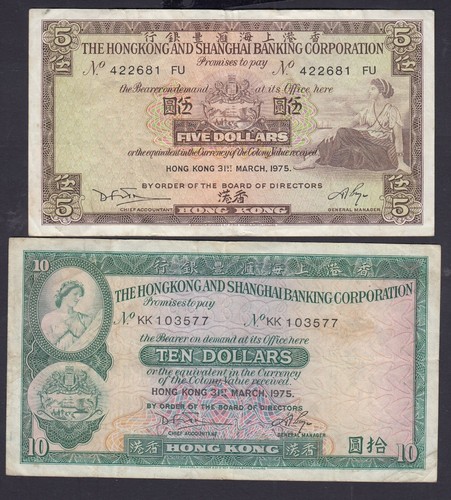 Hong Kong & Shanghai Bank 1975 , $5 & $10 Banknotes in nice grades | eBay