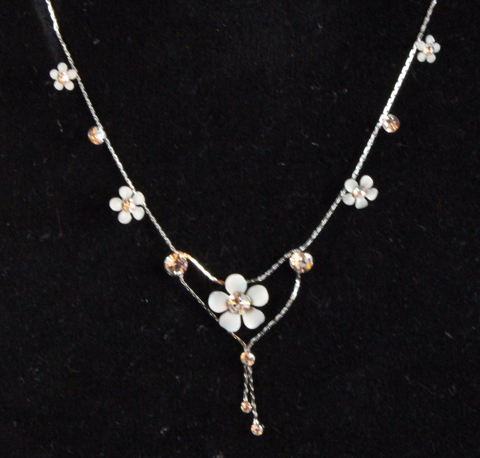 Necklace Gray Sparkle CZ Plumeria Hibiscus Flower Stick Chain Hawaii ...