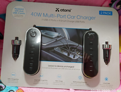 **2 PACK* Atomi 40W Multi-Port Car Charger 2 USB-C Ports + 4 Smart USB ...