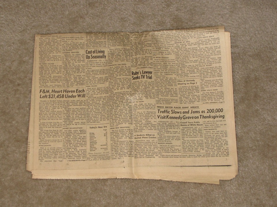 Original Lancaster PA Newspaper - November 29, 1963 - Johnson, Kennedy ...