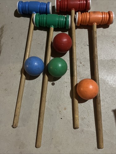 Vintage (1960’s) Hard Plastic Wood Stick Croquet Set 4 Mallets 4 Balls ...