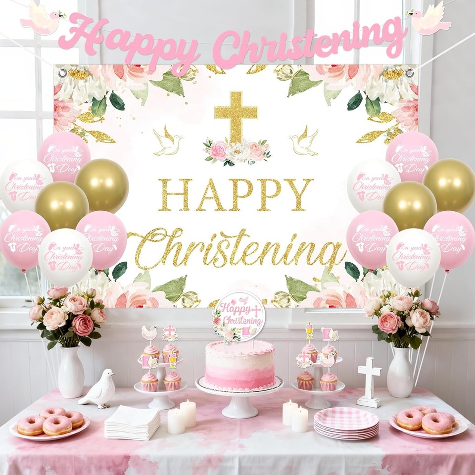 Funmemoir Christening Decorations for Girls - Pink Happy Christening ...
