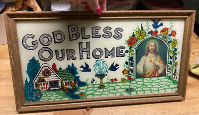 Vintage FOIL Art GOD BLESS OUR HOME Framed Picture JESUS Approx. 9"x18 ...
