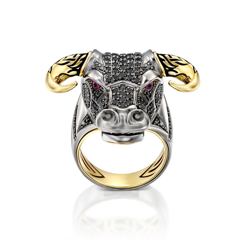 2.00CT Black Onyx & Pink Ruby Bull Face Design 935 Two Tone Silver Mem ...