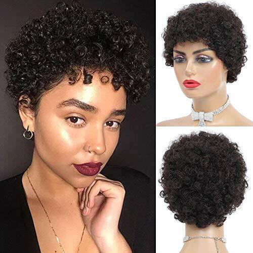 Women Remy Human Hair Wig Short Pixie Curly Cut Black High-Density Wig ...