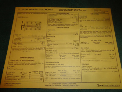 1974 CHEVROLET (ALL MODELS) CAR 350 V-8 ENGINE SUN TUNE-UP CHART / 4BBL ...