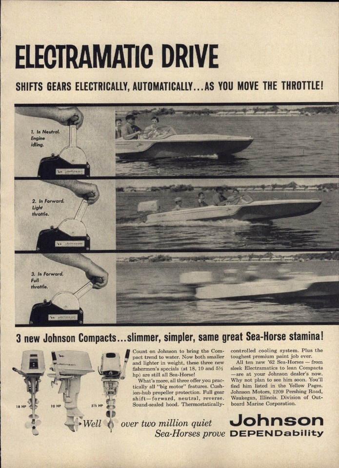 1962 PAPER AD 2 PG Johnson V-75 Electramatic Drive Sea-Horse Outboard ...