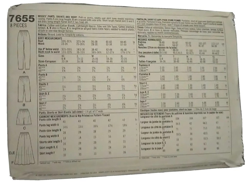 Simplicity 7655 Misses Sz XS S M Pants Shirt Shorts Top Sewing Pattern ...