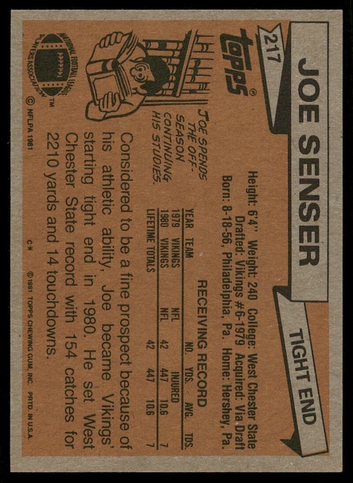 1981 Topps A Joe Senser #217 RC NM-MT / Better Minnesota Vikings | eBay