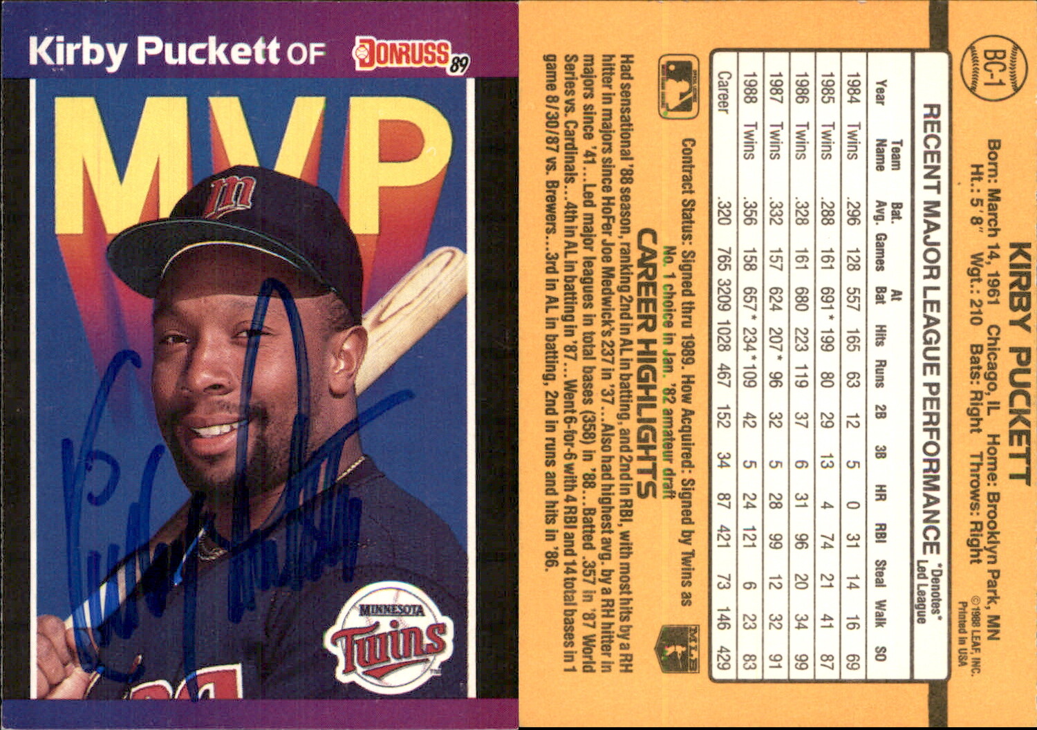 Kirby Puckett Signed 1989 Donruss #BC-1a Card HOF Minnesota Twins Auto ...