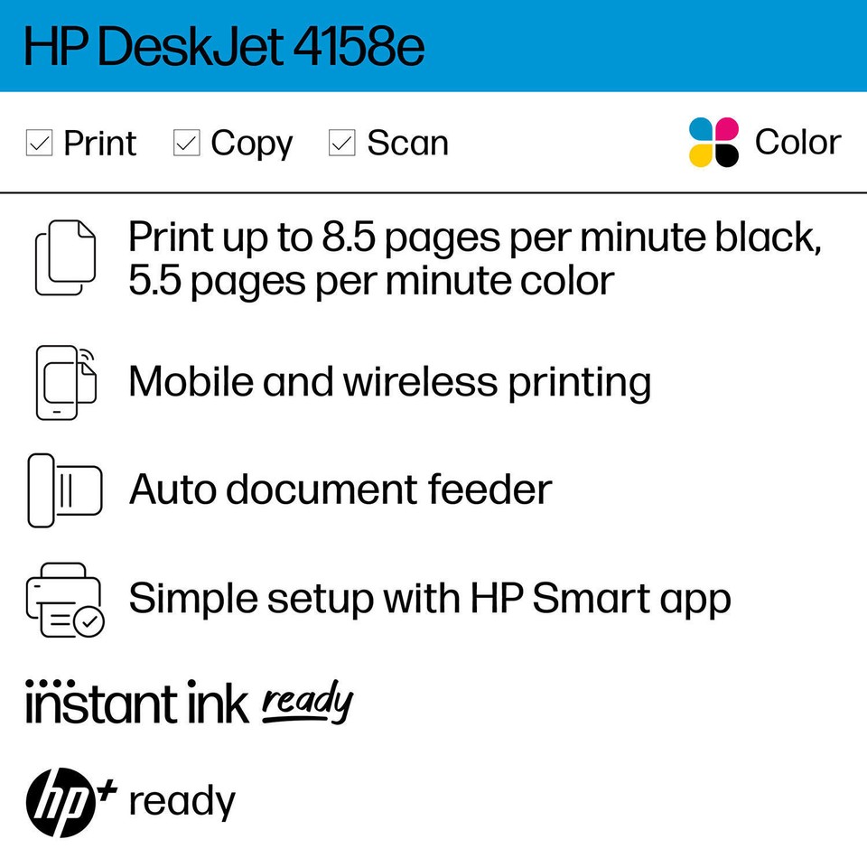 HP DeskJet 4158e Wireless All-in-One Color Inkjet Printer | Print Copy ...