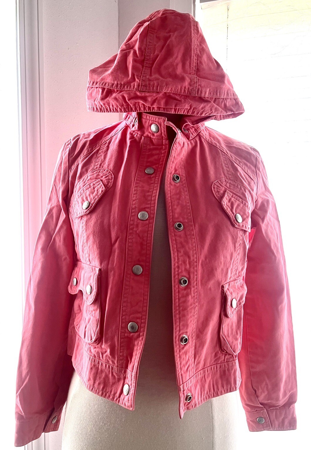 100% Cotton Pink Lightweight Jacket, Detachable Hood, Womens Teens ...