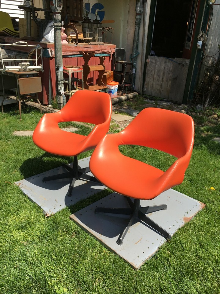 Vtg Pair Orange Naugahyde Mid-Century Design Atomic Swivel Office Chair ...