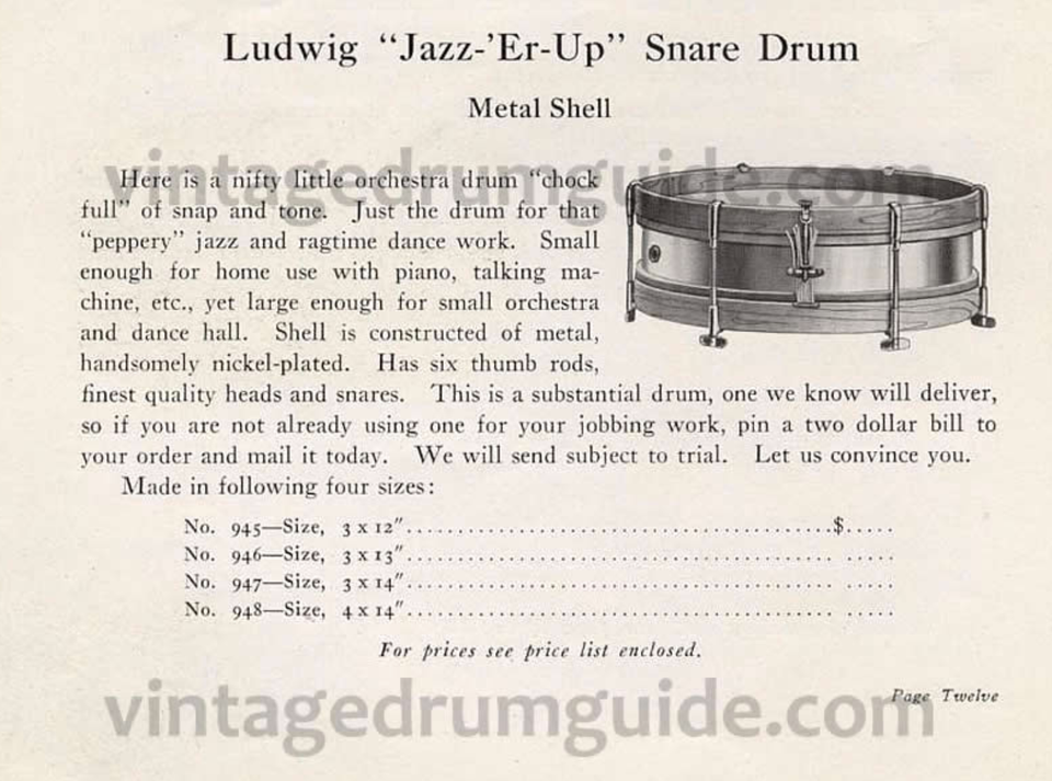 1920s Ludwig 3x12 "Jazz-'Er-Up" Model No. 945 Nickel Plated Snare | eBay