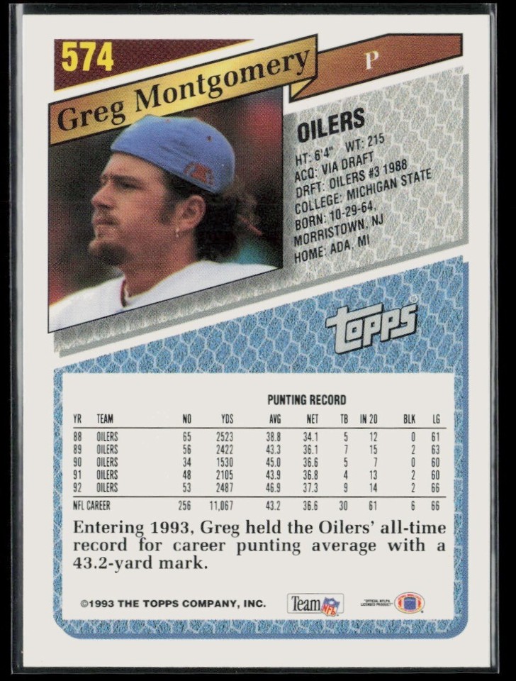 1993 Topps Greg Montgomery Houston Oilers #574 | eBay