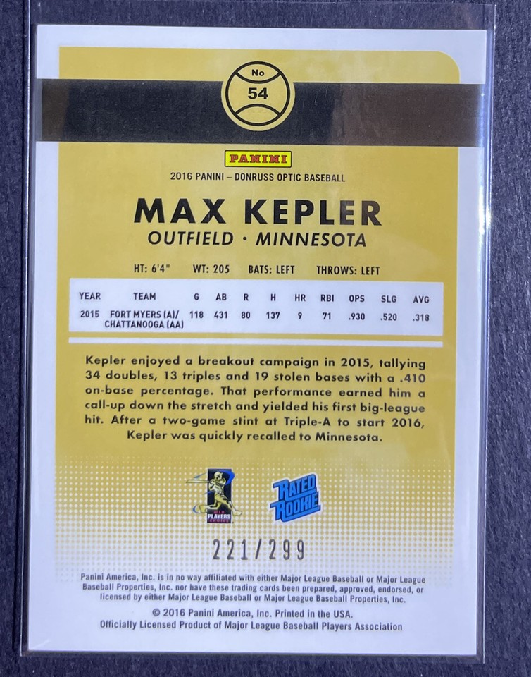 Max Kepler 2016 Optic Rated Rookie Aqua Prizm #’d 221/299 #54 Twins Rc ...