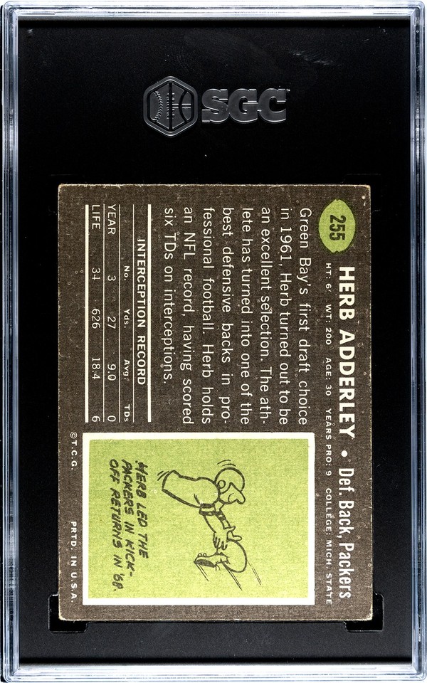 1969 Topps Football #255 Herb Adderley SGC Graded Slab Green Bay ...