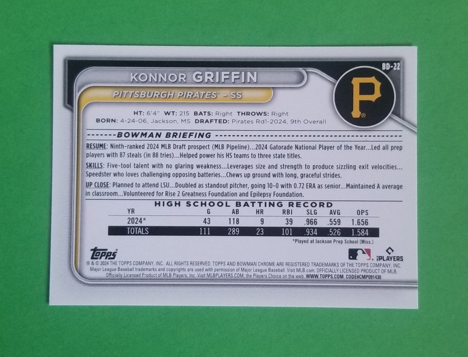 KONNOR GRIFFIN 2024 Topps Bowman Chrome Draft #BD-22 1st Bowman Paper ...