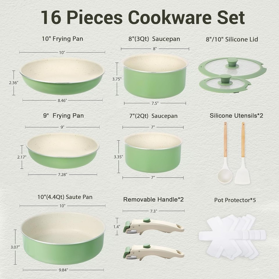 Pots and Pans Set Non Stick, 16pcs Induction Cookware with Detachable ...