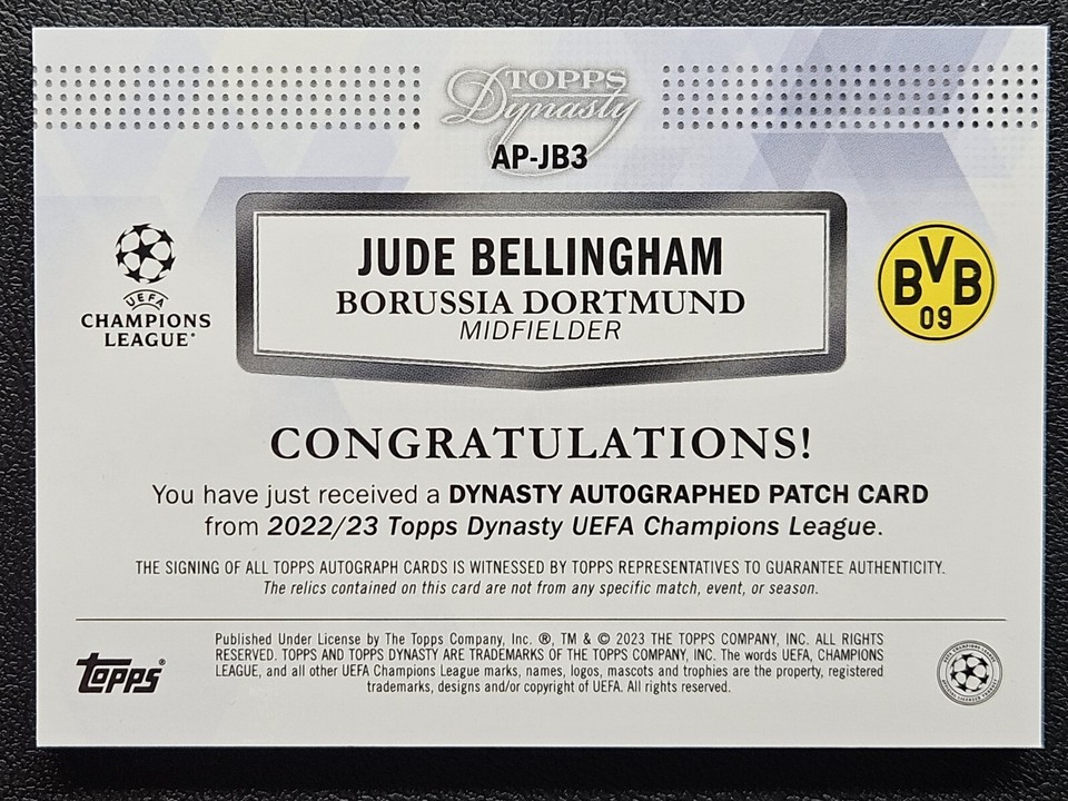 2022-23 Topps UEFA Dynasty Jude Bellingham Black GU Patch Auto ...
