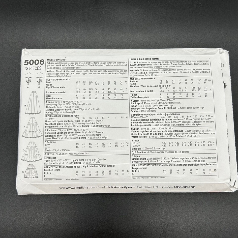Simplicity 5006 Misses Corset and Petticoat Long or Short Uncut Sz 14 ...