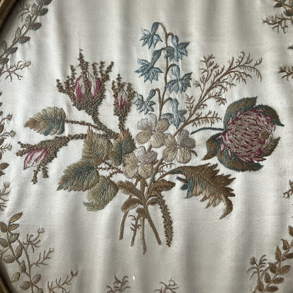 Antique Victorian French Silk Embroidery Needlework Flowers & Border ...