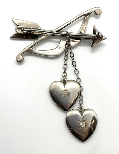 Vintage Sterling Silver Bow & Arrow Love Hearts Rhinestones Pin Brooch ...