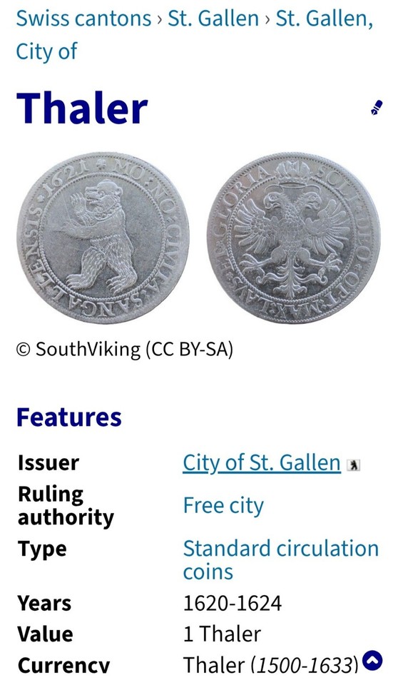 Silver Thaler Coin - 1620 to 1624 - St. Gallen Swiss Switzerland- Bear ...