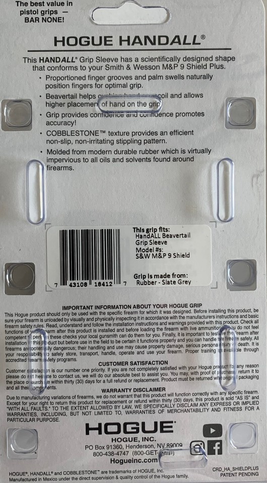 Hogue HandALL Beavertail Grip Sleeve for S&W M&P 9 Shield Plus- Slate ...