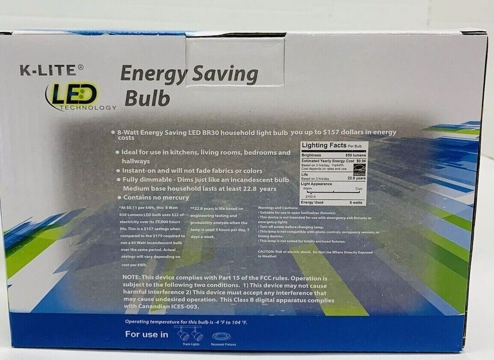 2- K-LITE LED Bulb Energy Saving 8W=65W Dimmable 2700K Household Bulbs ...