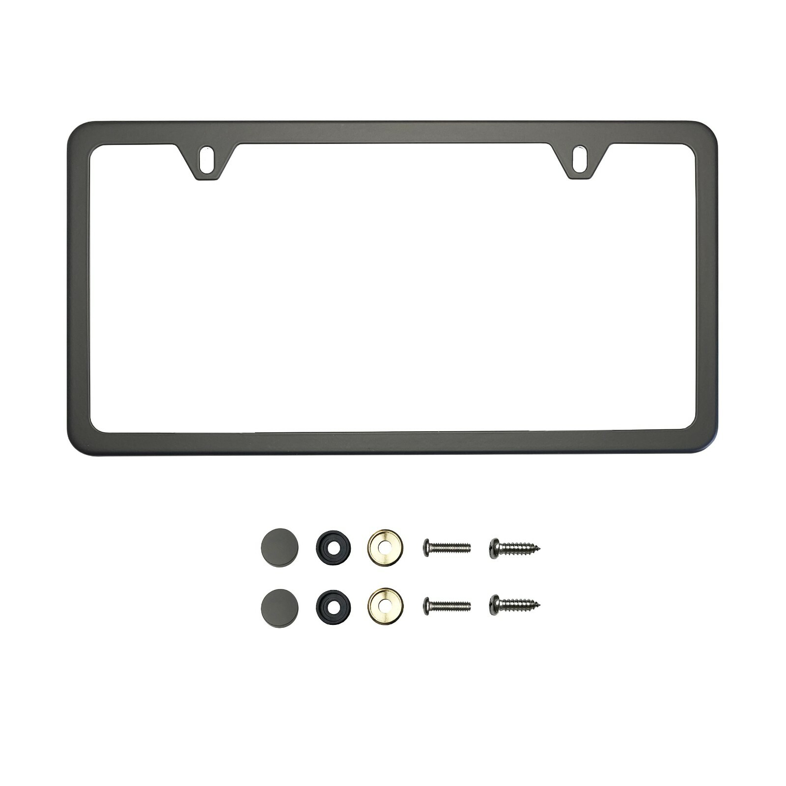 2 Hole Slim Matte Flat Black License Frame Stainless + Metal Screw Caps ...
