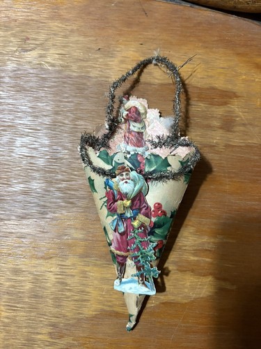 Antique cornucopia die cut Santa Claus Ornament W/Tinsel 9.5” | eBay