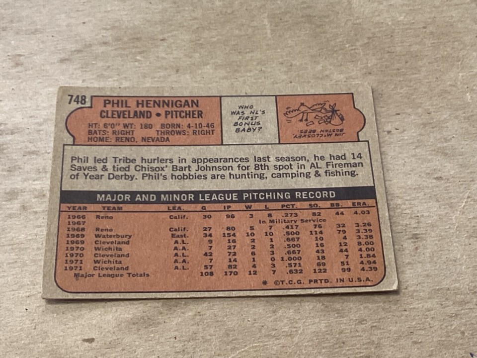 1972 TOPPS High Number #748 PHIL HENNIGAN CLEVELAND INDIANS - EX - Lite ...