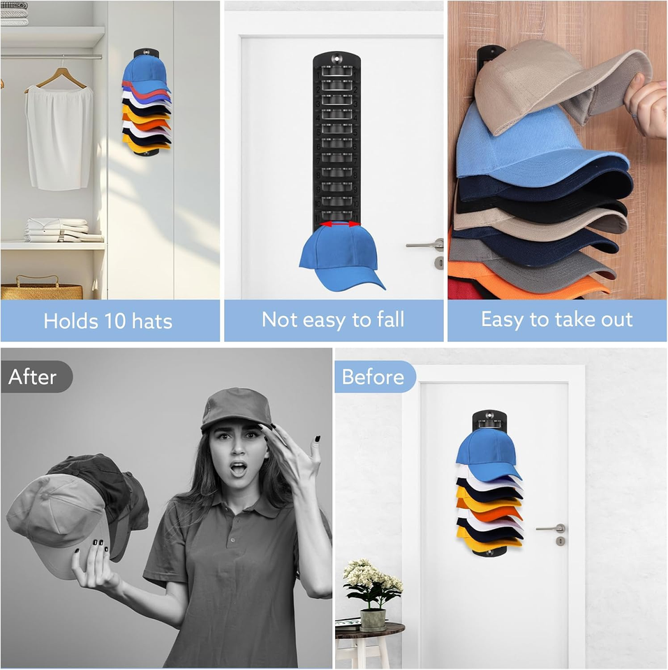 Hat Organizer for Baseball Caps, 2 Pack Hat Rack for Wall Hold up to 20 ...