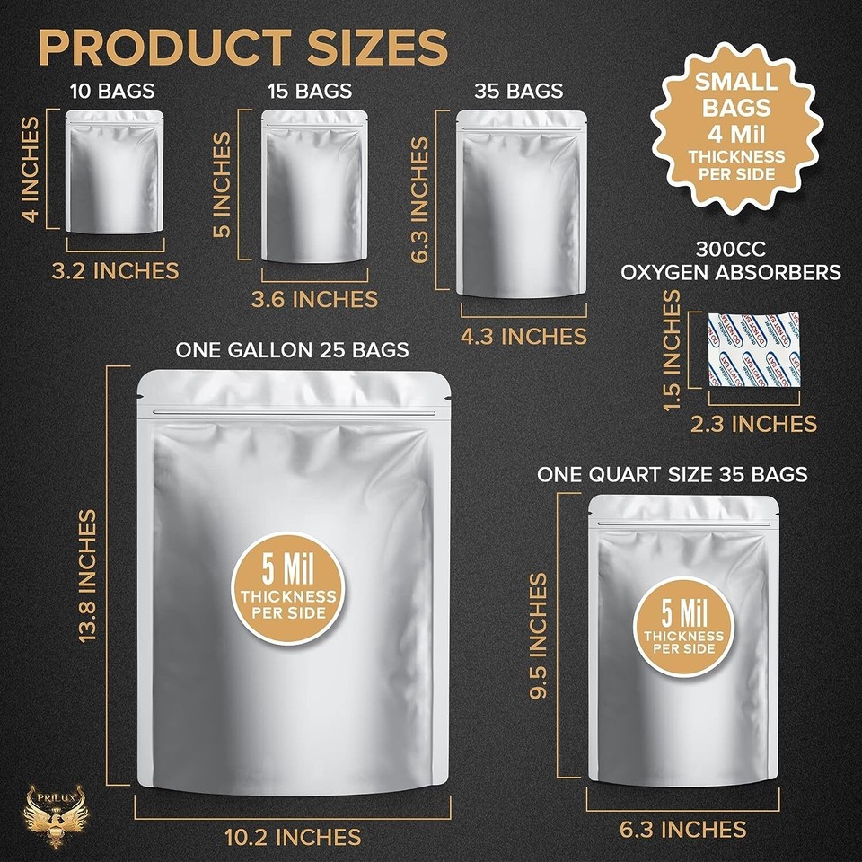 120 PC Stand Up Mylar Bags for Long Term Food Storage Prep with Oxygen ...